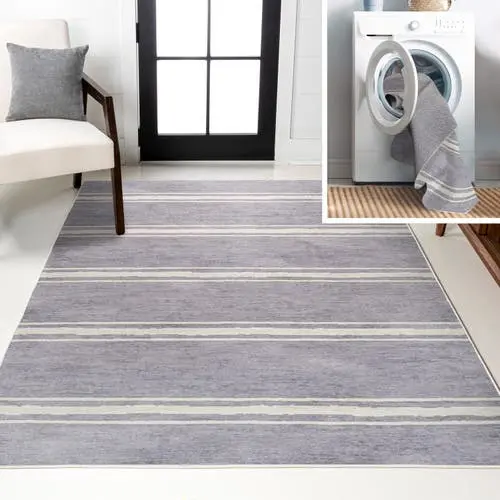 JONATHAN Y Bande Distressed Ticking Stripe Machine-washable Area Rug - Lavender/ivory