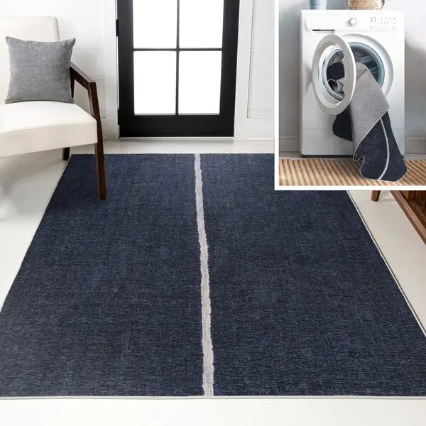 JONATHAN Y Linja Solid Centre Stripe Machine-washable Area Rug - Navy/gray
