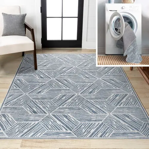 JONATHAN Y Vector Modern Coastal Geometric Machine-washable Area Rug - Blue/cream