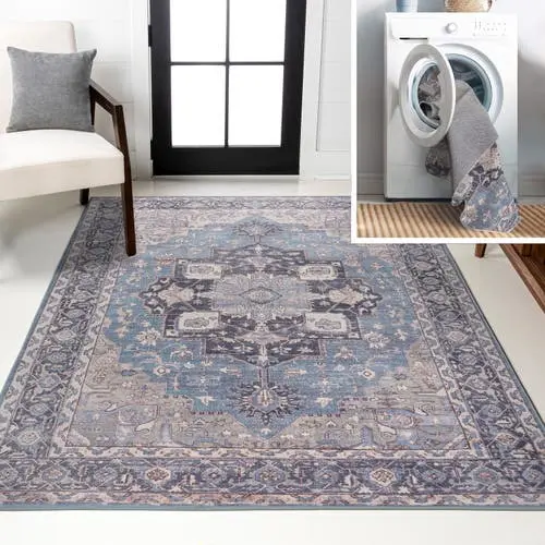 JONATHAN Y Maris Ornate Medallion Machine-washable Area Rug - Blue/cream