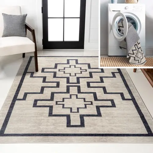 JONATHAN Y Ashkii Minimalist Medallion Machine-washable Area Rug - Ivory/dark Gray