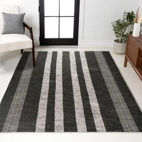 JONATHAN Y Vichy Geometric Striped Machine-washable Area Rug - Black/ivory