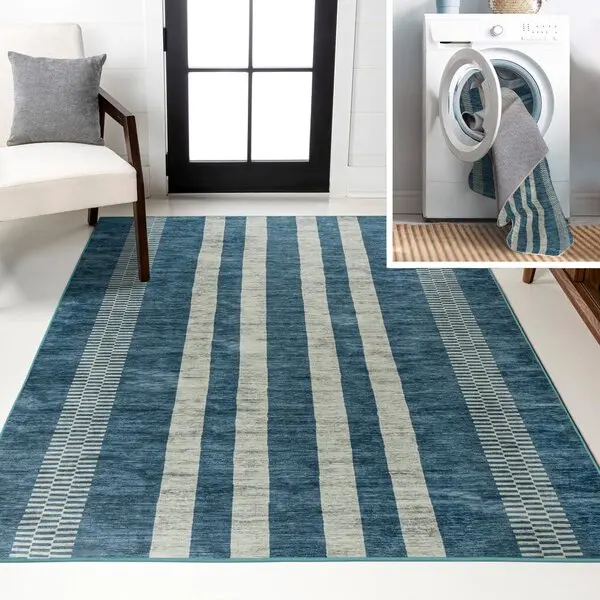 JONATHAN Y Vichy Geometric Striped Machine-washable Area Rug - Blue/cream