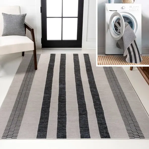 JONATHAN Y Vichy Geometric Striped Machine-washable Area Rug - Ivory/dark Gray