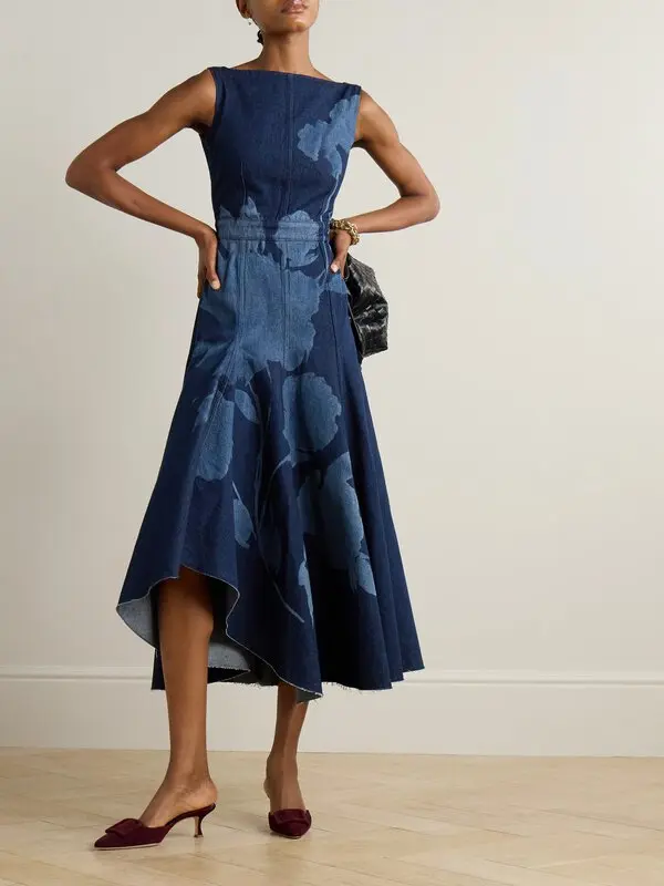 Erdem Asymmetric Floral-Print Denim Midi Dress In Blue - 50% Off |  Editorialist