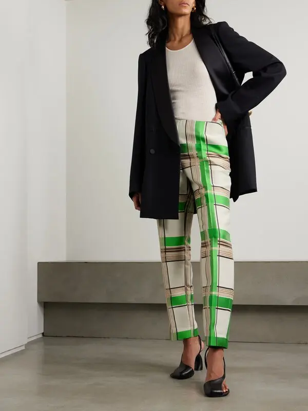 Dries Van Noten Checked Satin-jacquard Tapered Trousers