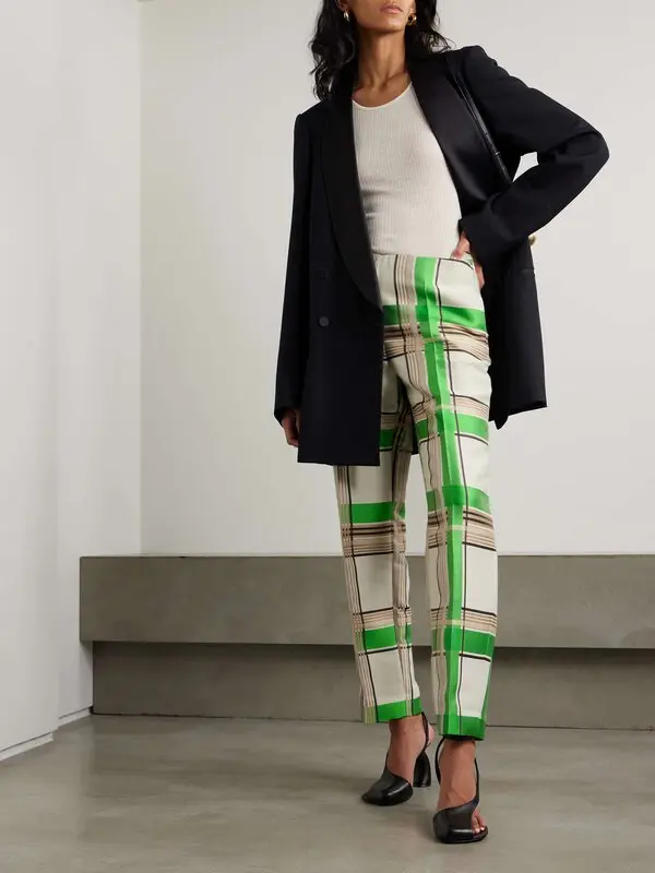 Dries Van Noten Checked Satin-jacquard Tapered Trousers
