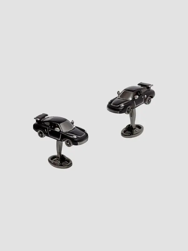 JAN LESLIE Sterling Silver Ruthenium & Enamel Sports Car Cufflinks - Black