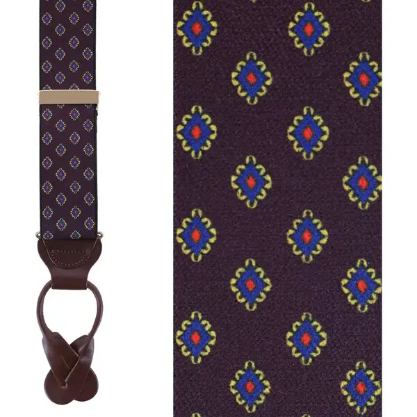Trafalgar Diamond Print Button End Suspenders - Burgundy