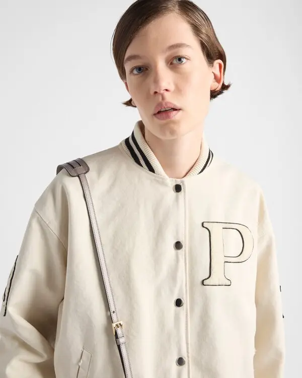 Prada Canvas Bomber Jacket With Embroidered Patches - Ivory