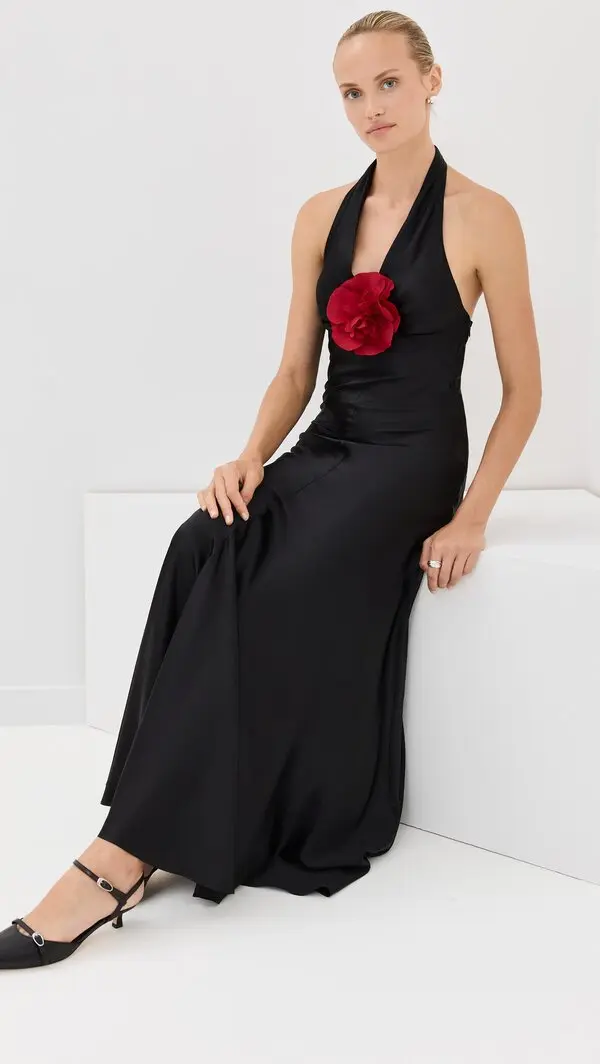 Rodarte Silk Satin Halter Maxi Dress With Silk Flower Pin In Black - 75%  Off | Editorialist