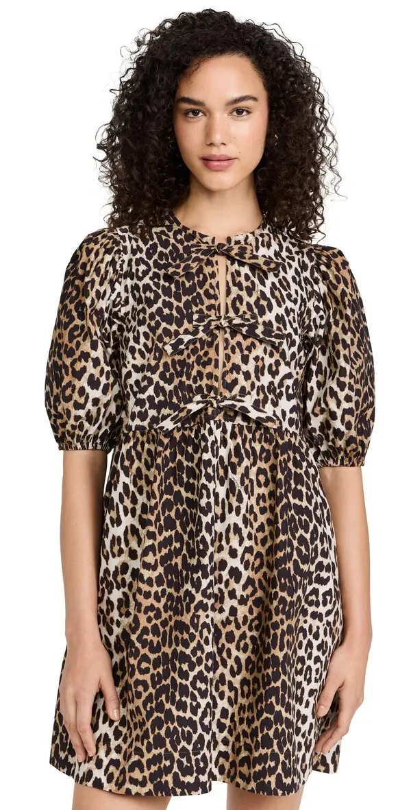 Ganni Cotton Poplin Mini Dress With Tie String - Leopard | Editorialist