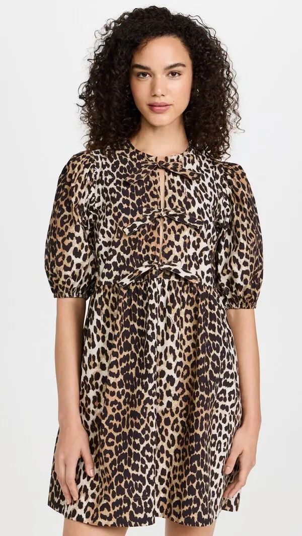 Cotton Poplin Mini Dress With Tie String - Leopard