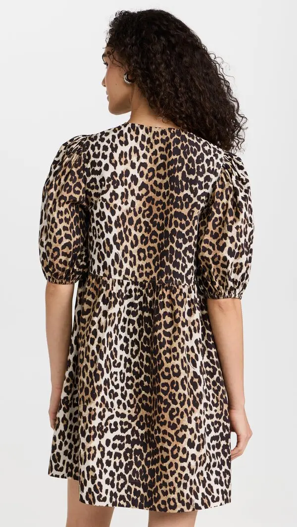 Ganni Cotton Poplin Mini Dress With Tie String - Leopard | Editorialist