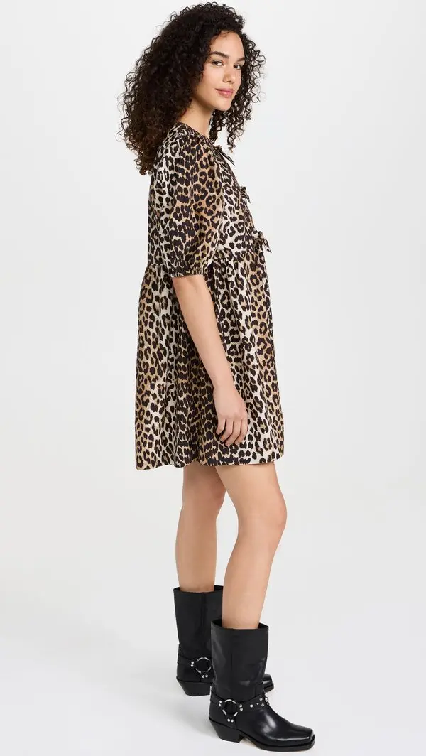 Ganni Cotton Poplin Mini Dress With Tie String - Leopard | Editorialist