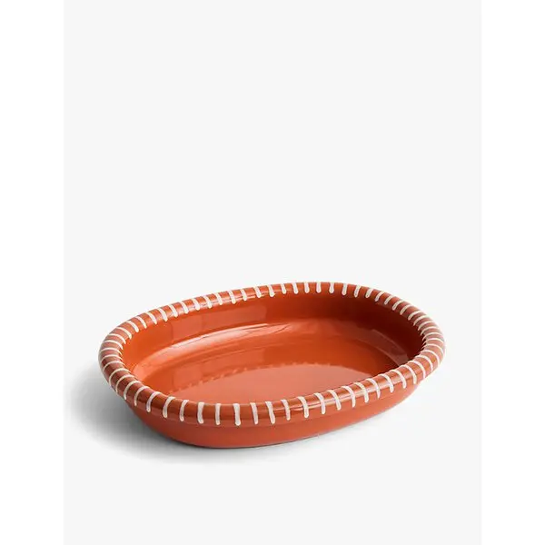 HAY Barro Large Striped Terracotta Oval Dish - Natural With Stripes