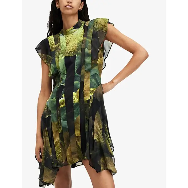 Allsaints Fleur Graphic-Print Asymmetric-Hem Recycled-Polyester Mini Dress  - Agnes Iris Gre | Editorialist