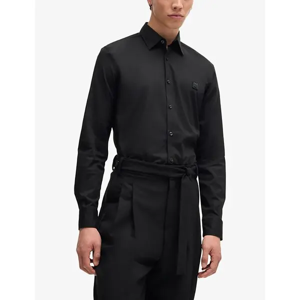 Hugo Logo-embroidered Slim-fit Stretch-cotton Shirt - Black
