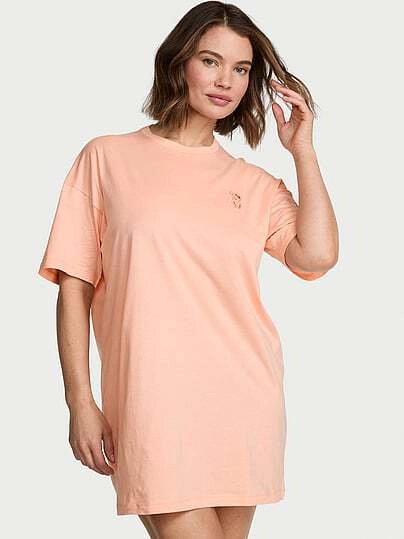 Victoria's Secret Oversize Cotton Sleep Tee With Lace Appliqu - Pink