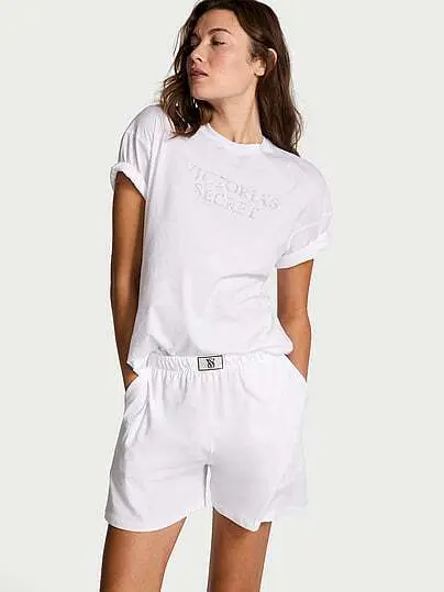 Victoria's Secret 100% Cotton Shine Short Pajama Set - White,ivory