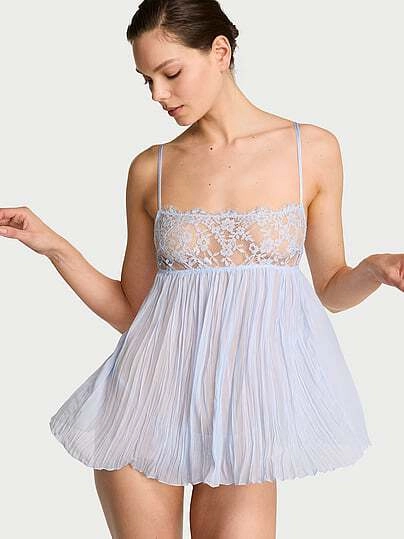 Victoria's Secret Dream Angels Dare To Lace Pleated Babydoll Set - Blue