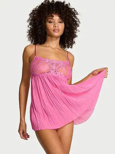 Victoria's Secret Dream Angels Dare To Lace Pleated Babydoll Set - Pink
