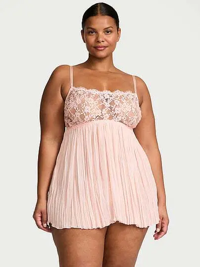 Victoria's Secret Dream Angels Dare To Lace Pleated Babydoll Set - Pink