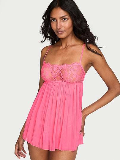 Victoria's Secret Dream Angels Dare To Lace Pleated Babydoll Set - Pink