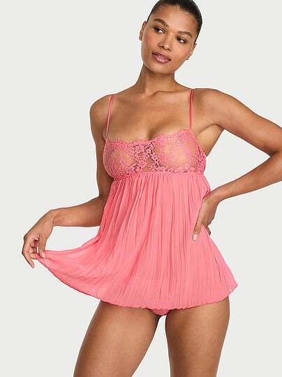 Victoria's Secret Dream Angels Dare To Lace Pleated Babydoll Set - Pink