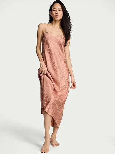 Victoria's Secret Satin Sheer Stripe Slip Maxi Dress - Beige