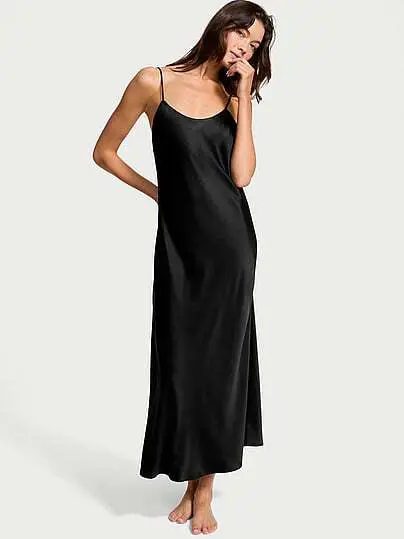 Victoria's Secret Satin Sheer Stripe Slip Maxi Dress - Black