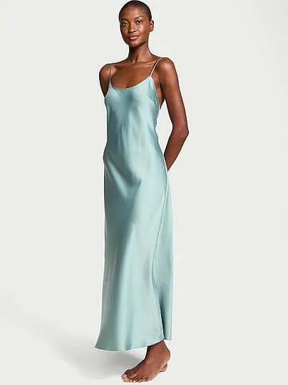 Victoria's Secret Satin Sheer Stripe Slip Maxi Dress - Blue