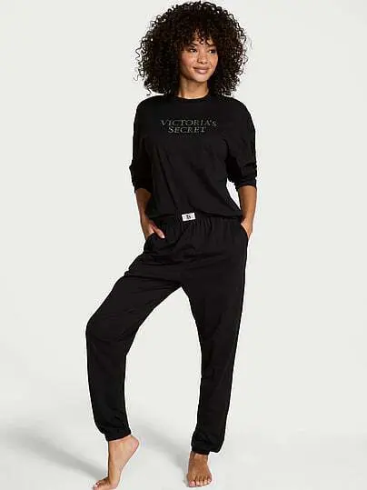 Victoria's Secret 100% Cotton Shine Long Pajama Set - Black
