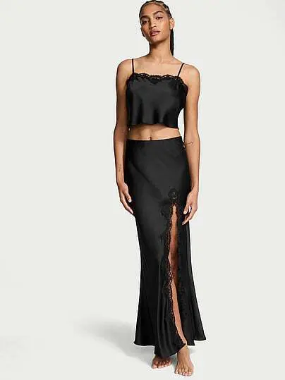 Victoria's Secret Dream Angels Satin Lace-trim Cropped Top & Slip Skirt Set - Black