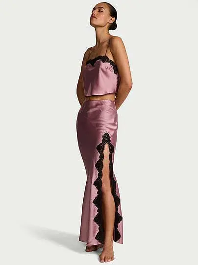 Victoria's Secret Dream Angels Satin Lace-trim Cropped Top & Slip Skirt Set - Pink