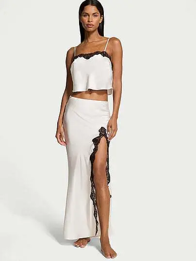 Victoria's Secret Dream Angels Satin Lace-trim Cropped Top & Slip Skirt Set - White,ivory
