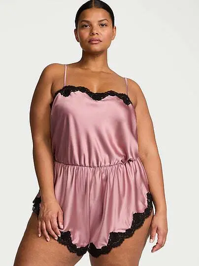 Victoria's Secret Dream Angels Satin Lace-trim Romper - Pink