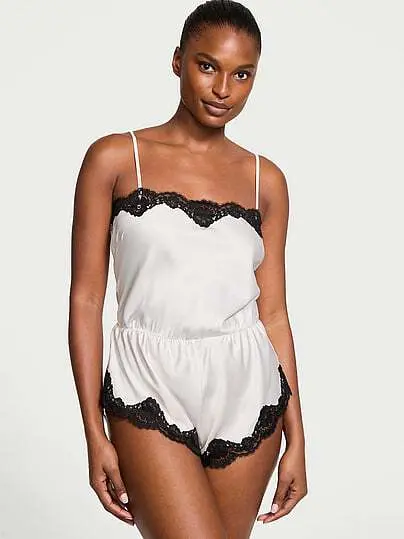 Victoria's Secret Dream Angels Satin Lace-trim Romper - White,ivory