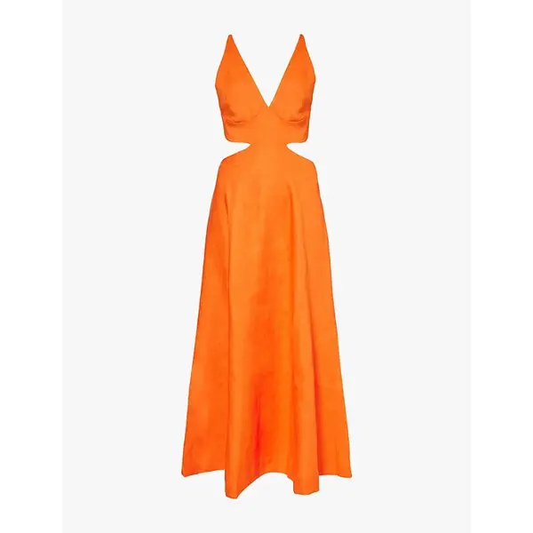 knee length dresses for ladies Reformation Orange Cut-out Samara Linen Dress In Flame Us2 UK 6 main image 0