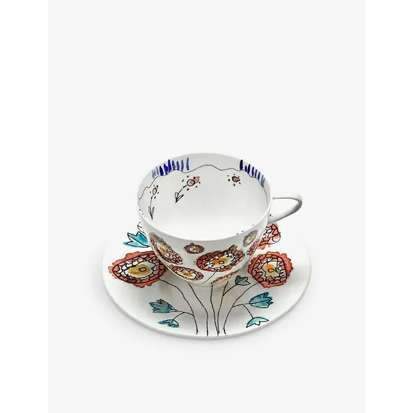 SERAX X Marni Anemone Milk Flower-motif Bone-china Cappuccino Cup And Saucer Set Of Two