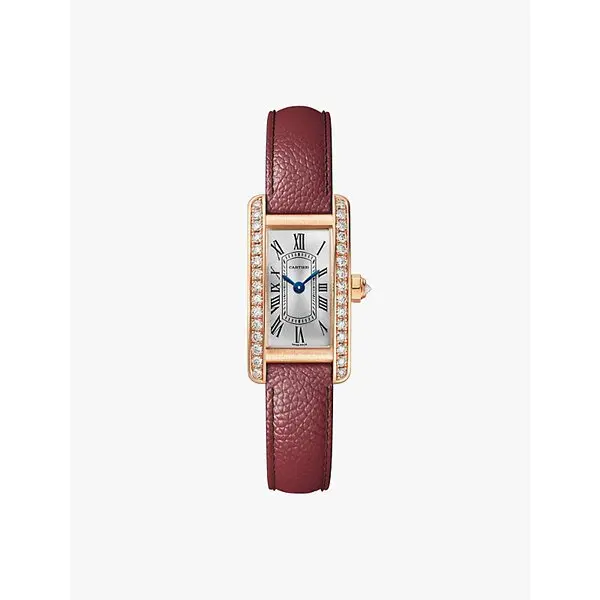 CARTIER Tank Américaine Mini 18ct Rose-gold Diamond And Leather Quartz Watch - Rose Gold