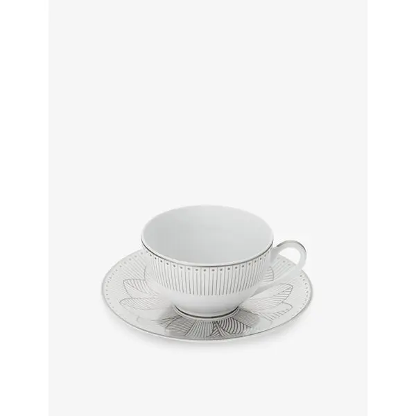 Christofle Malmaison Platinum-trim Porcelain Teacup Set Of Two