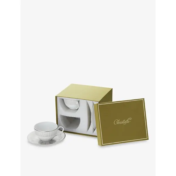 Christofle Malmaison Platinum-trim Porcelain Teacup Set Of Two