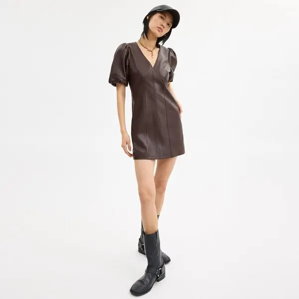 coach leather dress Coach Leather Puff Sleeve Dress In Brown - 50% Off