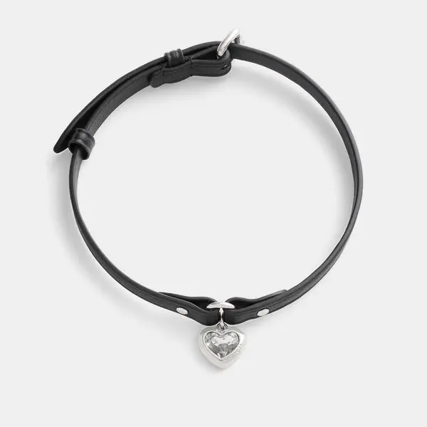 COACH Heart Charm Leather Choker - Silver/black