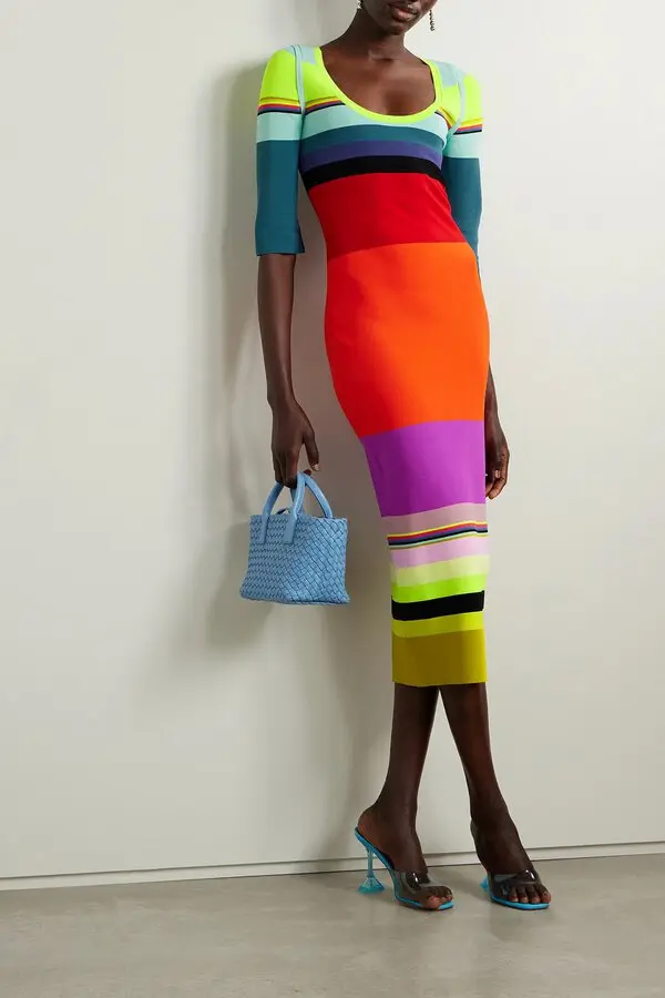 christopher john rogers rainbow striped ribbed midi dress CHRISTOPHER JOHN ROGERS Cutout striped ribbed-knit maxi dress