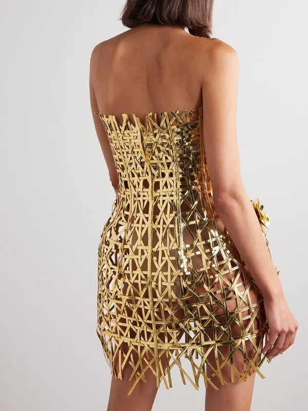 Oscar De La Renta Belted Strapless AppliquD Faux Leather Mini Dress In Gold  - 60% Off | Editorialist