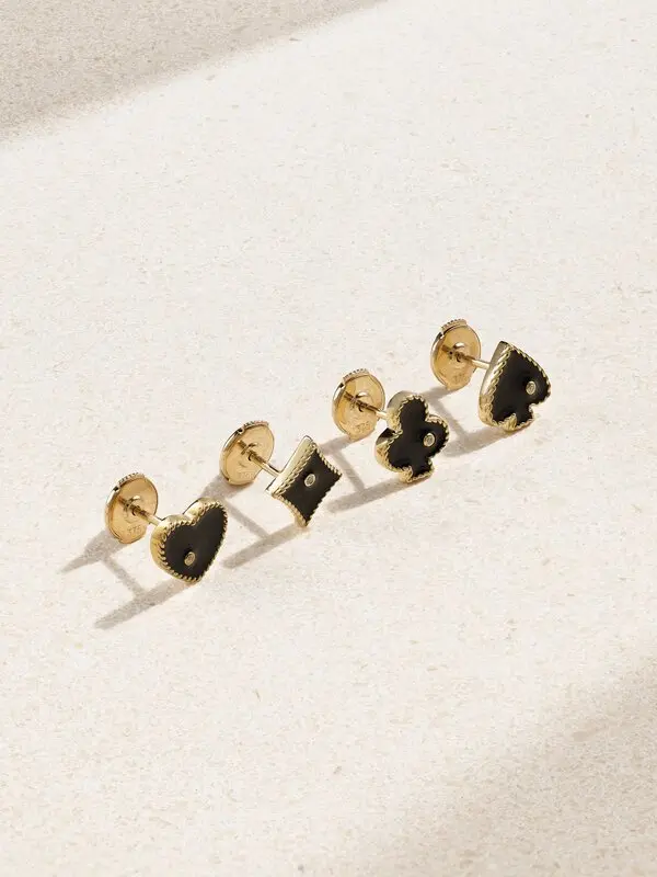 Yvonne Léon Set Of Four Puces Casino 9-karat Gold, Enamel And Diamond Earrings - Black