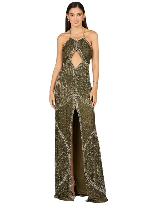 LARA NEW YORK Symmetrical Halter Neck Gown - Olive