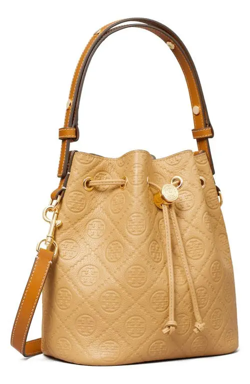 Tory Burch T Monogram Debossed Bucket Bag - Biscotti